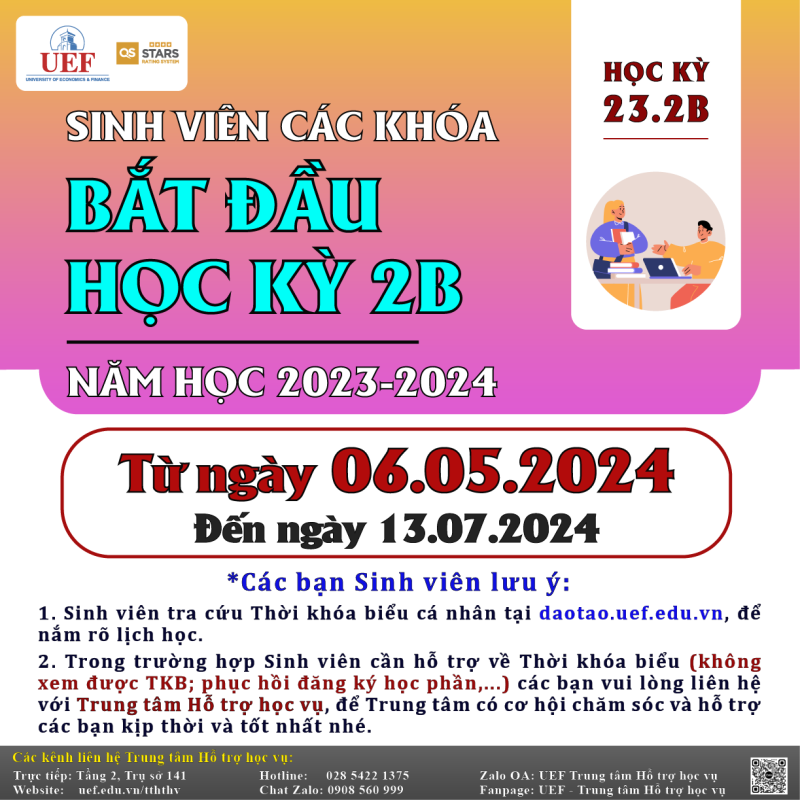 SINH VIÊN CÁC KHÓA BẮT ĐẦU HỌC KỲ 2B, NĂM HỌC 2023-2024 TỪ NGÀY 06/05/2024